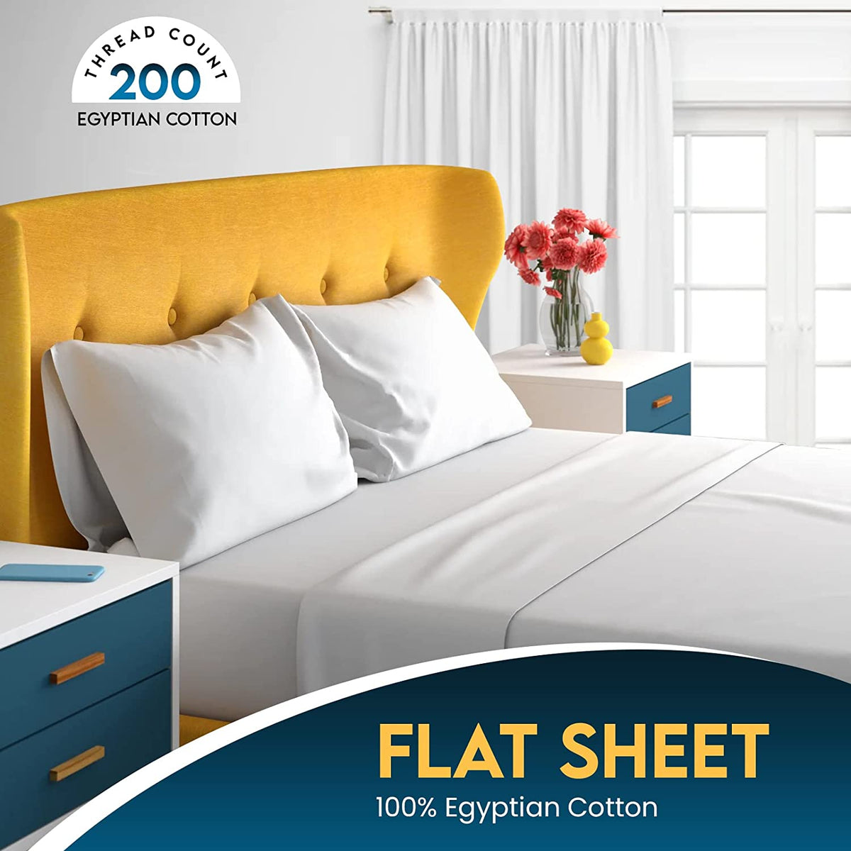 200TC 100% Egyptian cotton Luxury Flat Sheet Bed Sheets Single Double ...